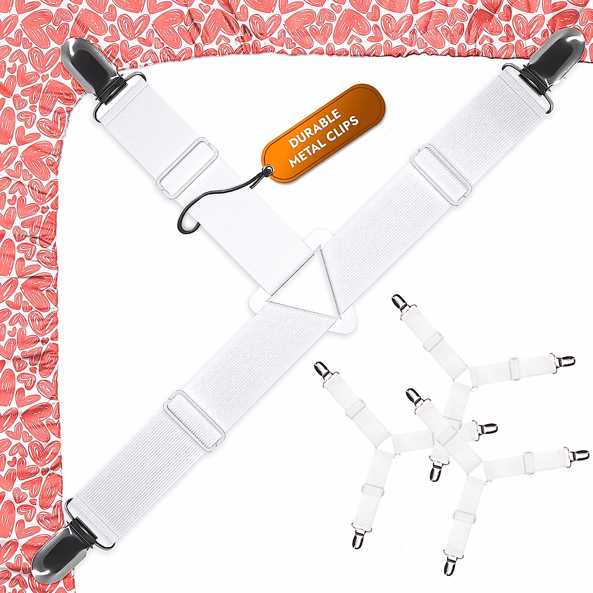 5 STARS UNITED Bed Sheet Straps Set | Easy to Use Adjustable Elastic Fasteners with Metal Clips | Sheet Holders for Corners | Fitted Sheet Clips to Hold Sheets in Place | (4 Pcs White)