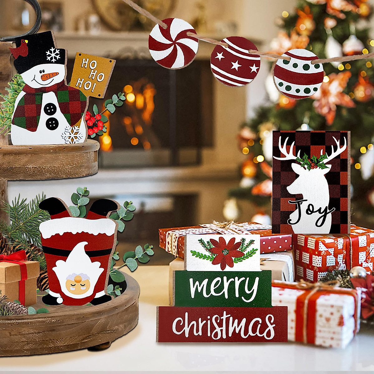 Guoofu Christmas Tiered Tray Decor, Farmhouse Xmas Santa Claus Snowman Tray Decorations Set, Red Buffalo Plaid Elk Candy Wooden Signs, Winter Holiday Home Decor for Tabletop Shelf Mantel