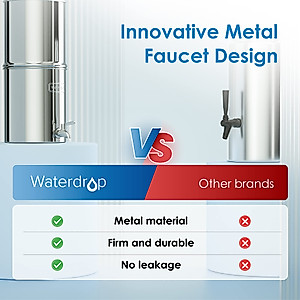 Waterdrop Gravity-fed Water Filter System with Black Carbon Filter and Fluoride Filter, 2.25-Gallon Stainless-Steel Filter System, Reduces up to 99% of Chlorine & Bad Taste-King Tank Series
