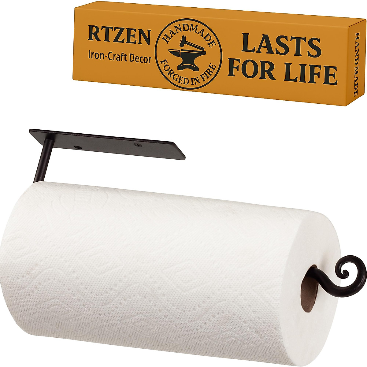 RTZEN Under Cabinet Paper Towel Holder - Wrought Iron Cute Black Farmhouse Decor Inside Cabinet or Under Counter - Paper Towel Holder for Kitchen or Under Sink Paper Towel Holder for Bathroom