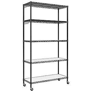 SONGMICS 5 Tier Garage Shelving, Wire Shelving Unit, 43.3 x 13.8 x 65.4 Inches, Adjustable Metal Shelves, 5 Plastic Liners 8 Hooks, Mobile Storage Shelves, Pantry Kitchen Basement, Black ULGR015B01