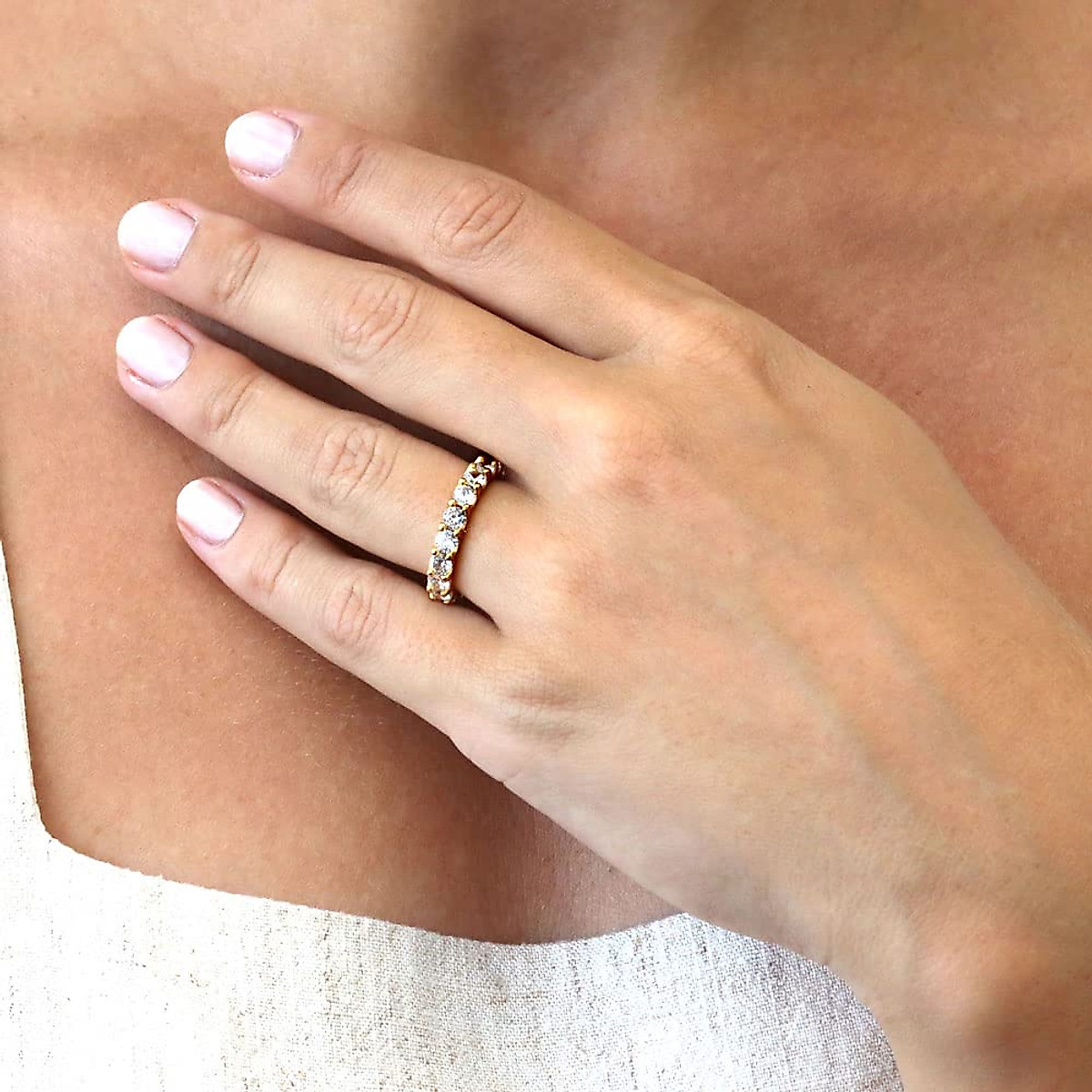 BERRICLE Sterling Silver Wedding Rings Pave Set Cubic Zirconia CZ Anniversary Eternity Ring for Women, Yellow Gold Flashed Size 6