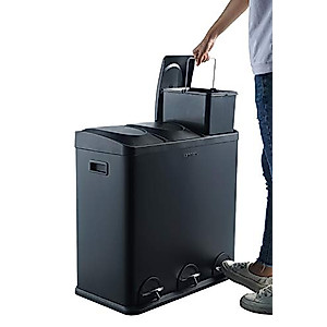 The Step N' Sort 16 Gallon, 3 Compartment Trash and Recycling Bin in Black, Large (900603B)