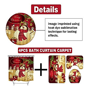 Novobey 4 Pcs Merry Christmas Shower Curtain Sets with Non-Slip Bathroom Rugs, Lid Toilet Cover, Bath Mat, Shower Curtain Christmas Bathroom Decor