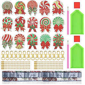 15 Pieces Christmas Diamond Painting Keychain Diamond Painting Ornaments 5D DIY Diamond Painting Keychain Hot Cocoa Christmas Diamond Art Ornaments for Kids Christmas DIY Crafts (Candy)