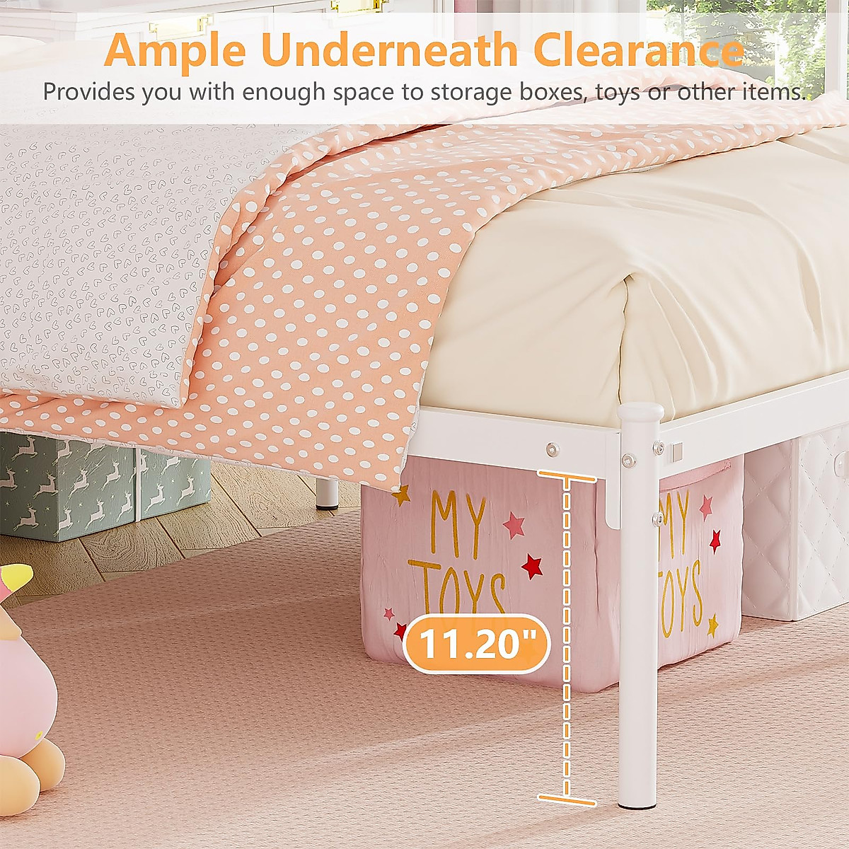 Merronix Twin Bed Frames with Headboard, Elegant Metal Bed Frame for Kids Girls, Modern Twin Size Platform Bed - No Box Spring Needed, 11.2 Inches Height Underneath Storage - White