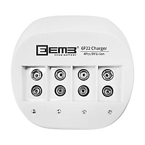 EEMB LP 9V Rechargeable Lithium ion Battery Charger for 6F22 650mAh 9Volt Li-ion Batteries for Smoke Alarm Digital Cameras Toys Clocks (4 Bay Charger)