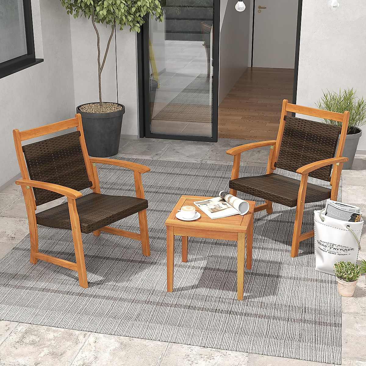 HAPPYGRILL 3 Pieces Rattan Wood Bistro Set, Patio Wicker Chairs Set with Acacia Wood Side Table, Outdoor Sofa Furniture Set for Yard Garden Porch Poolside