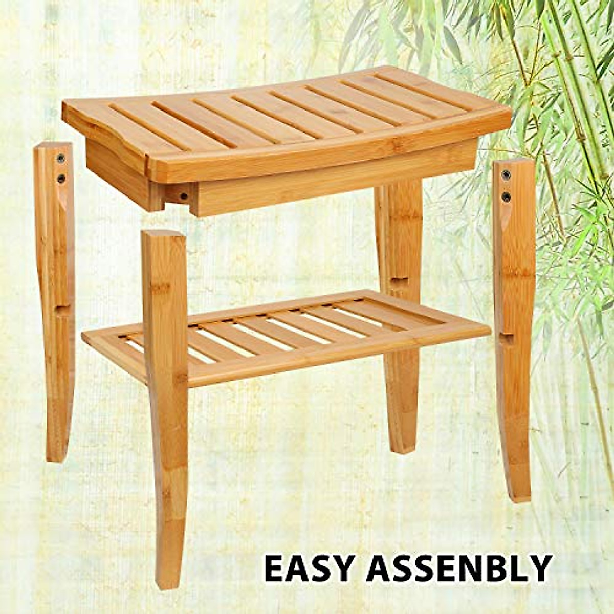 Hossejoy Bamboo Shower Bench Seat Wood Spa Bath Luxury Organizer Stool Shower Chair with Storage Shelf, Perfect for Indoor or Outdoor (19''x10.2''x17.7'')