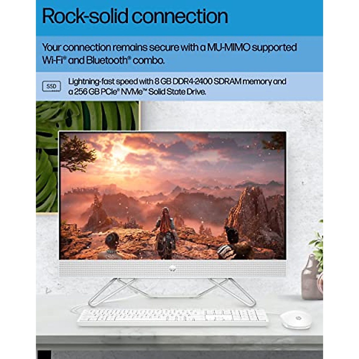 HP All-in-One Bundle PC, Intel Pentium Silver Processor, Intel UHD Graphics 605, 8 GB SDRAM, 256 GB PCIe SSD, Full HD Display, Windows 11 Home OS, Dual Computer Speakers, Wi-Fi (24-cb0120, 2022)