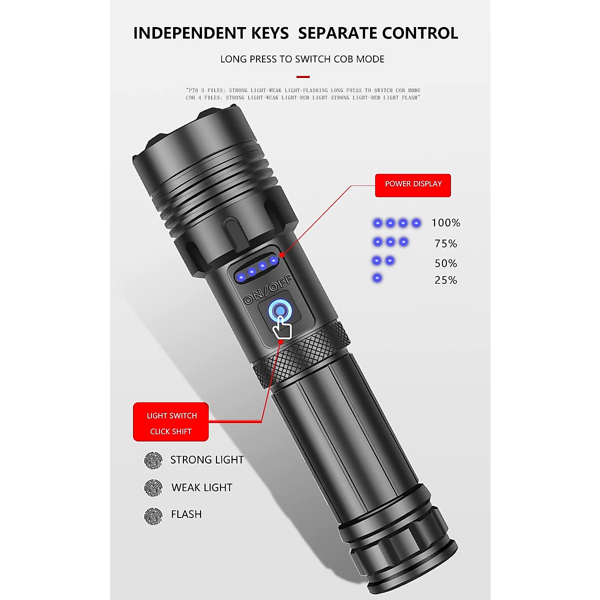 Xkravo LED Handheld Flashlights, 1800 Lumens 7 Light Modes with COB Work Light, Super Bright Rechargeable Zoomable Waterproof Tactical Flashlight with Battery for Emergency, Outdoor, Home, Camping