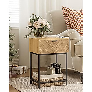 Masupu Nightstand,Bedside Tables with Storage Drawer,Tall Nightstand with Herringbone Pattern,Bedside Furniture,Small Side Table for Small Spaces, Bedroom, Living Room, Rustic Oak