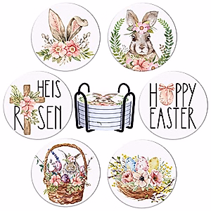 Whaline 6Pcs Easter Ceramic Coaster Set Easter Bunny Egg Flowers Drink Coasters with Black Coaster Holder Watercolor Absorbent Coasters for Easter Spring Home Decor Table Protection Housewarming Gift