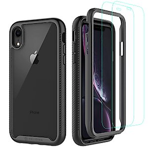 CellEver Clear Full Body Case for iPhone XR, Heavy Duty Protection with Anti-Slip TPU Bumper and [2 Tempered 9H Glass Screen Protectors] Shockproof Transparent Phone Cover 6.1 Inch (Black)