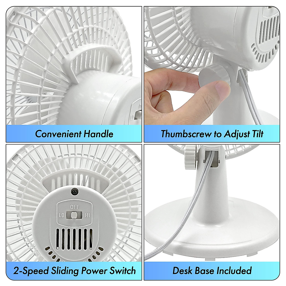 Comfort Zone CZ6D 6" Quiet Portable Indoor 2-Speed Desk Fan with Clip and Fully Adjustable Tilt, White