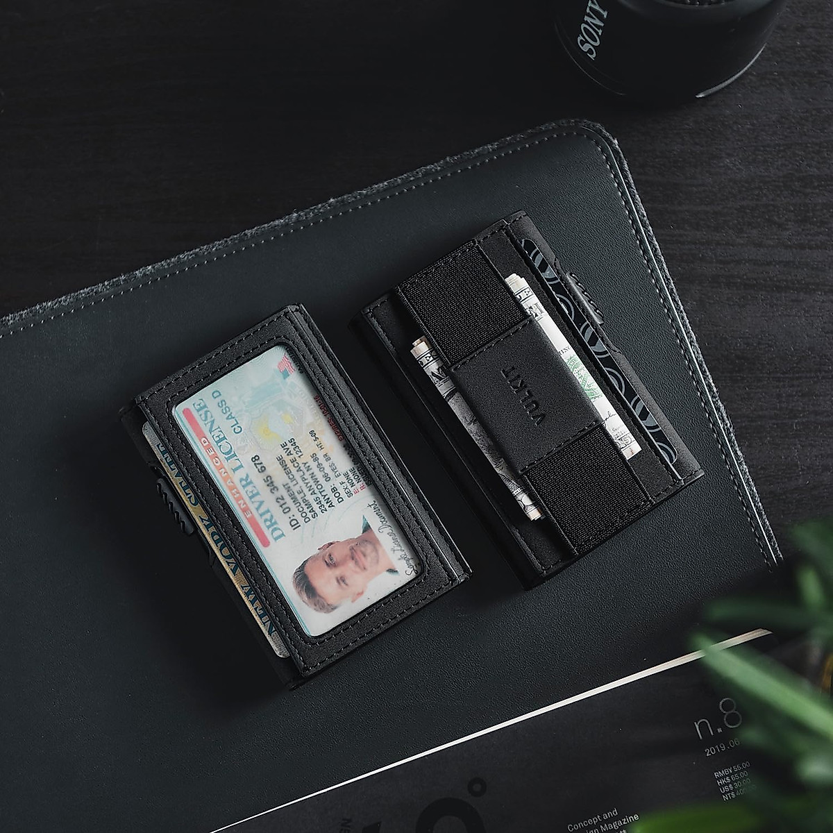 VULKIT Slim Wallet for Men Inner Pop Up RFID Blocking Aluminum Card Holder Leather Minimalist Wallet with Cash Strap and ID Window Black