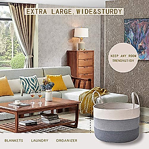 XXXLarge Cotton Rope Basket 21" x 12.9" Baby Laundry Basket for Blankets Toys Blanket Storage Basket Decorative Floor Basket Cushions Storage Bins Thread Laundry Hamper with Long Handle