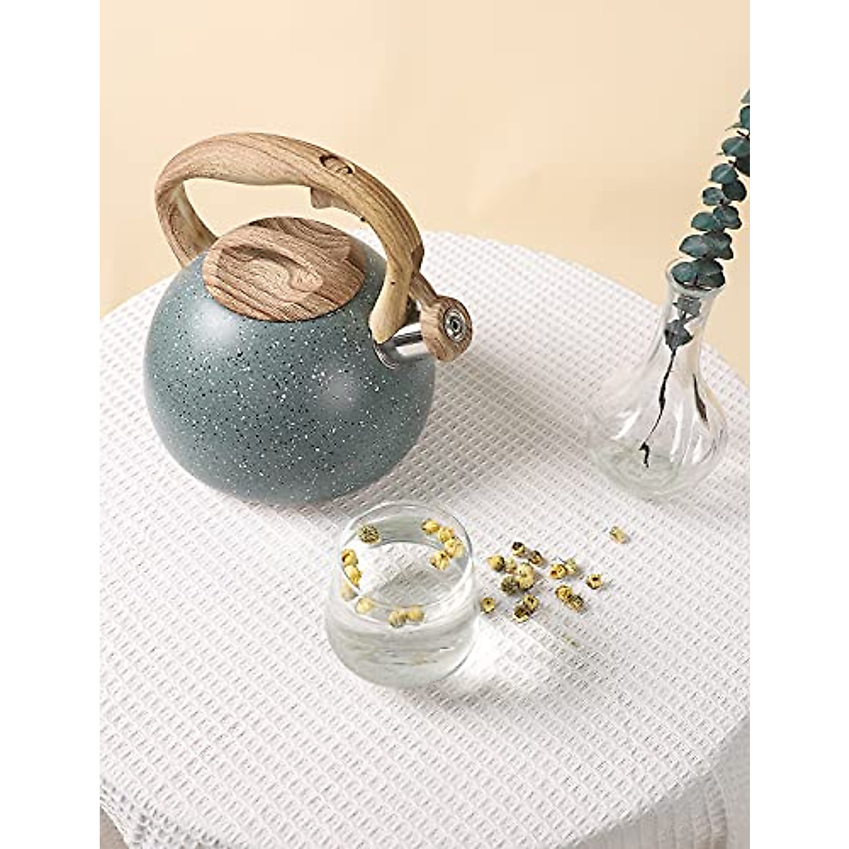 Tea Kettle, BELANKO 102 OZ / 3 Liter Whistling Tea Kettle, Tea Pots for Stove Top Food Grade Stainless Steel with Wood Pattern Handle, Loud Whistle Kettle for Tea, Coffee, Water, Milk - Black Green