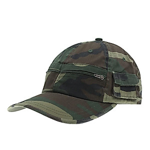 Zipper Pocket Washed Cotton Sandwich Adjustable Baseball Cap (Woodland Camo)