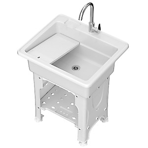 Freestanding Plastic Laundry Sink with Washboard, W25.4" x D22" x H31.5" Indoor and Outdoor Utility Sink with Cold and Hot Water Faucet, Hoses and Drain Kit for Laundry Room, Garage, Basement, Garden