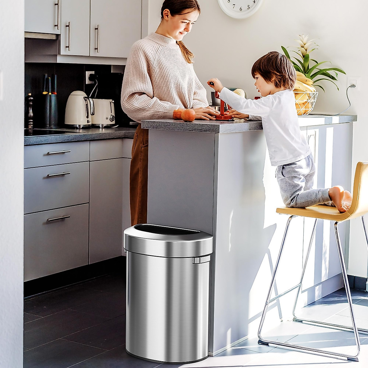 iTouchless 23 Gallon Stainless Steel Semi-Round Open Top Trash Can and Recycle Bin, 87 Liter, Slim and Space-Saving Design for Home, Office, Kitchen, Restaurant, Restroom, Large Capacity