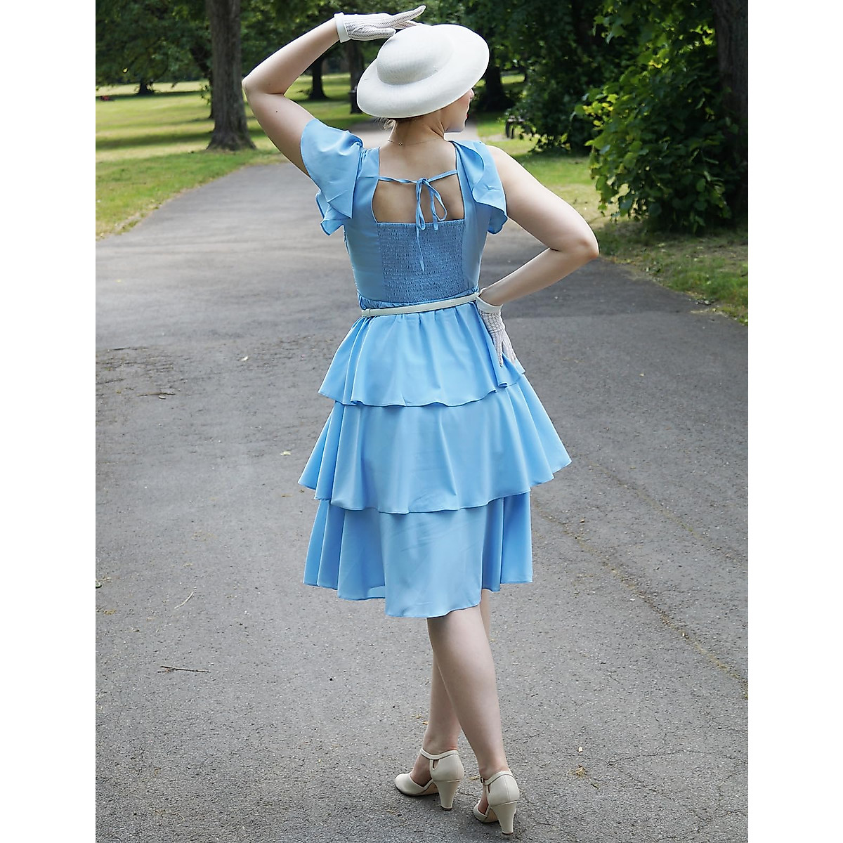 Short Sleeve Elegant Cocktail Party Dress 1950s Retro Square Neck Smocked Waist Tiered Layered Dress Light Blue XL