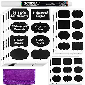 Gotideal 98 Chalkboard Labels with Chalk Markers, Mason Jar Labels, Chalk Sticker Labels for Kitchen Containers, Storage Bins, Pantry, Organization, Glass Bottle, Removable Food Labels