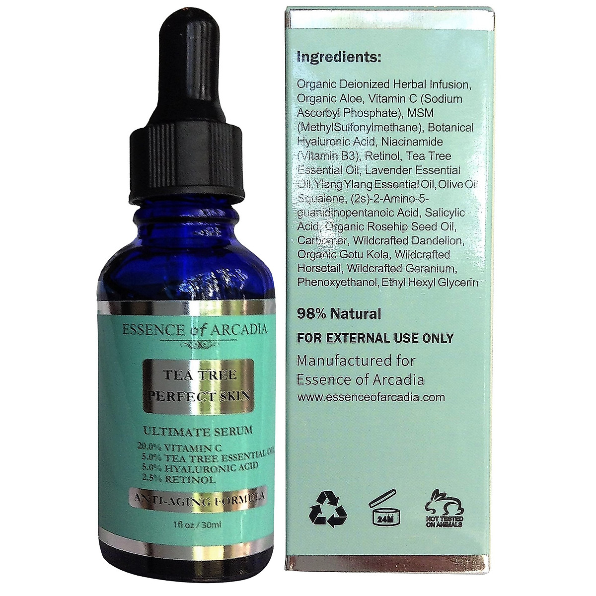 Tea Tree Perfect Skin Facial Serum, Ultimate Anti-Aging Formula for Acne-Prone Skin with 20% Vitamin C, Tea Tree Essential Oil, Retinol and Hyaluronic Acid for Clear, Soft, Radiant Skin.