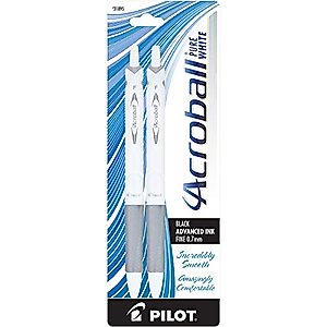 Pilot Acroball PureWhite Retractable Advanced Ink Ball Point Pens; Fine Point, Black Ink, Silver Accents 2-Pack (31895) Ultra-Smooth Writing, Smear-Resistant Advanced Ink for Skip-Free Lines