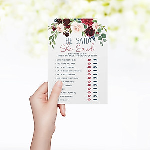 Your Main Event Prints Navy Burgundy Bridal Shower Bachelorette Games - Floral, He Said She Said, Find The Guest, Would She Rather, What's In Your Phone - 25 Games Each, Printed Front and Back, One Game Per Side
