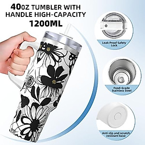 HULIBIN Black and White Flowers Print Double Deck Stainless Steel Travel Coffee Cup With Lid 40 Oz Ice Bully Cup