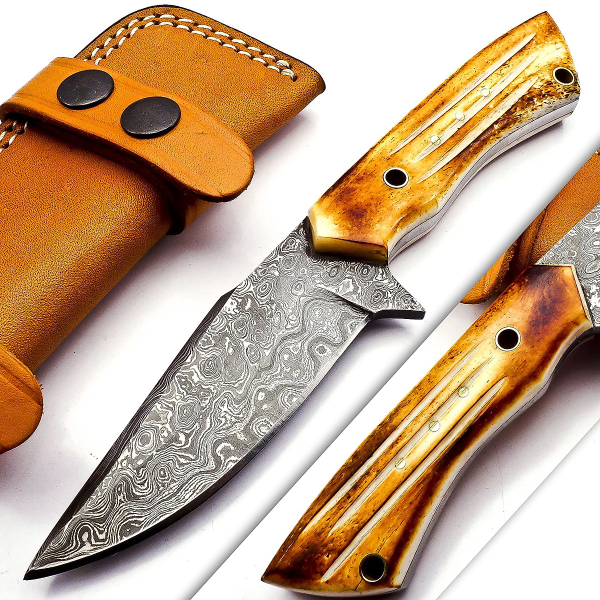 HK-326 Custom Handmade Damascus Steel Knife - Full Tang Fire Camel bone Handle, with Leather Sheath, Ideal Knife for Camping or everyday use