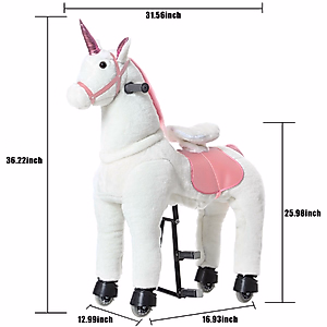 PONYEEHAW Ride on Unicorn Toys, Kids Riding Unicorn Toys Ride on Toys for 6-14 Years Old, Premium Plush Animals Toys Walking Unicorn with Wheels (White and Pink, 31.5" L x 13" W x 36.2" H)