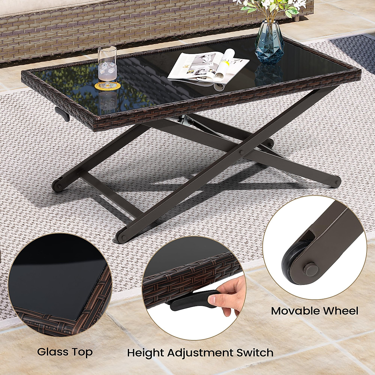 JOINHOM Patio Coffee Table Height Adjustable - Outdoor Coffee Side Table with Waterproof, Rust-Proof, Patio Tables Rectangle Coffee Tables Fit with Patio Conversation Set, Dark Brown
