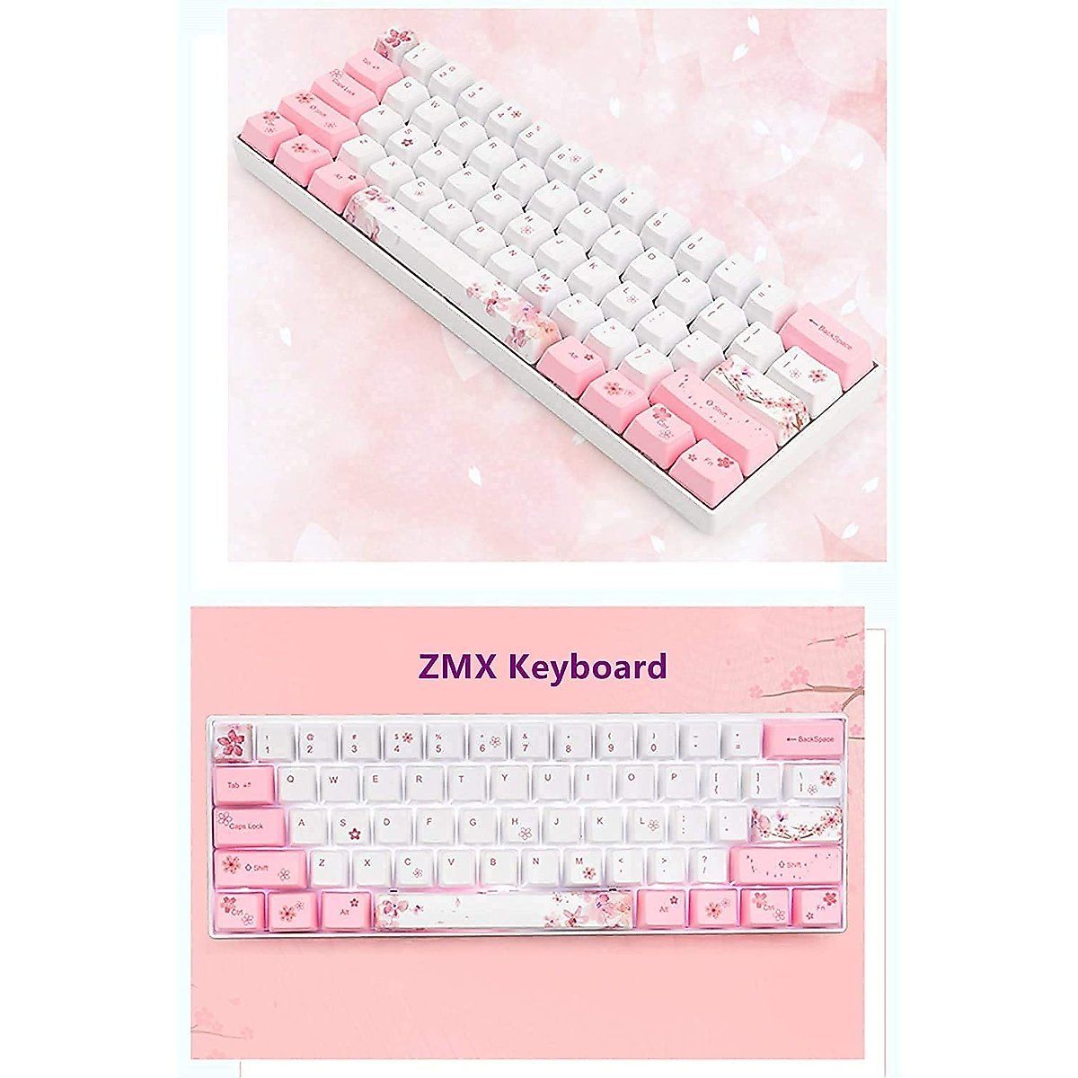 ZMX Cherry Blossom 61 Mechanical Keyboard,Hot Swappable 60％Compact Mechanical 5.0Bluetooth/Type-C Wired Dual-Mode RGB Backlit Dye-Sublimation PBT Keycap Gaming Keyboard(Black Switch, Pink)