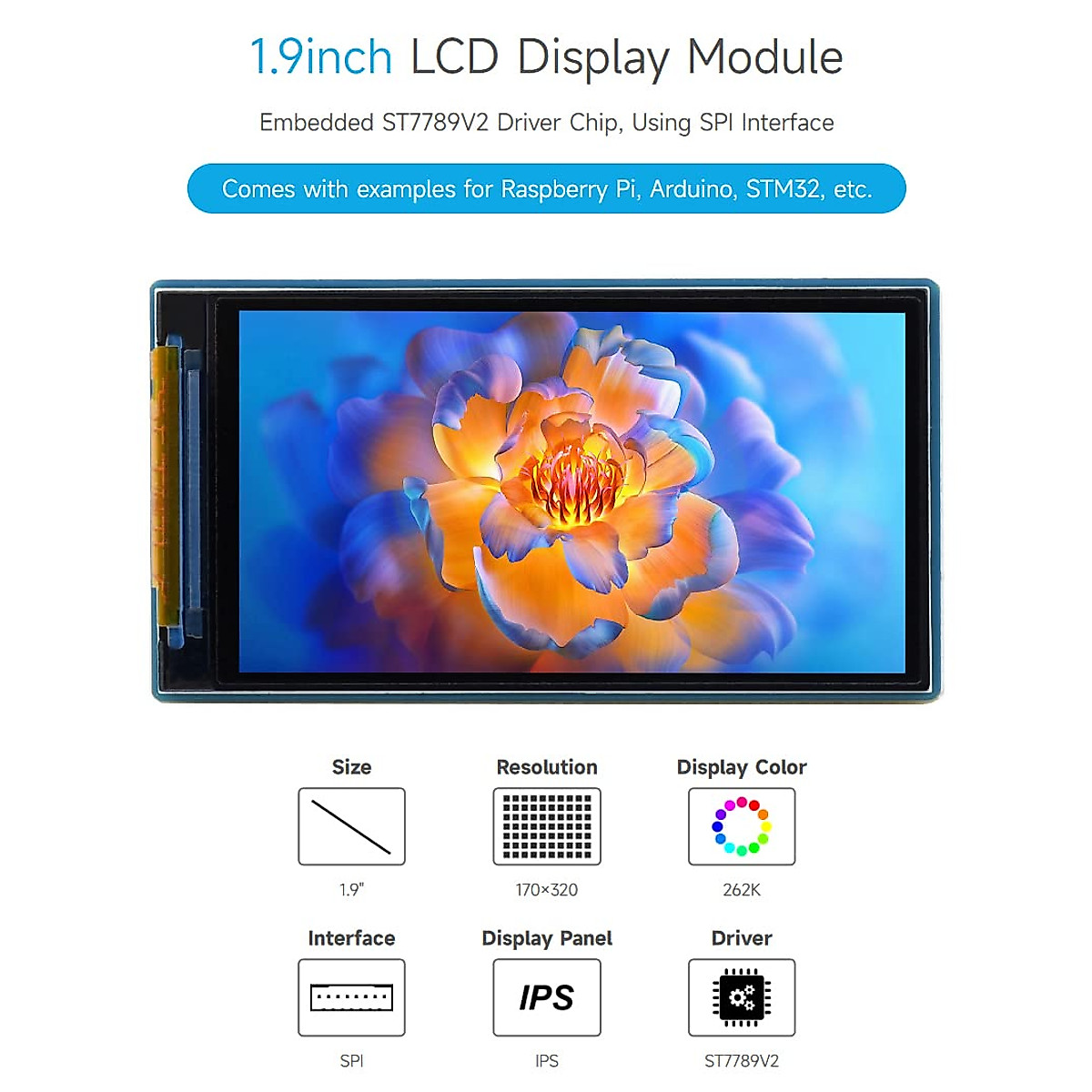 Waveshare 1.9inch LCD Display Module, 170×320 Resolution, SPI Interface, IPS, 262K Colors