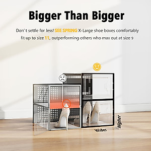 SEE SPRING X-Large Shoe Storage Box Fit Size 11, Clear Plastic Stackable Shoe Organizer for Closet, Space Saving Foldable Shoe Rack Sneaker Container Bin Holder, 12 Pack Black