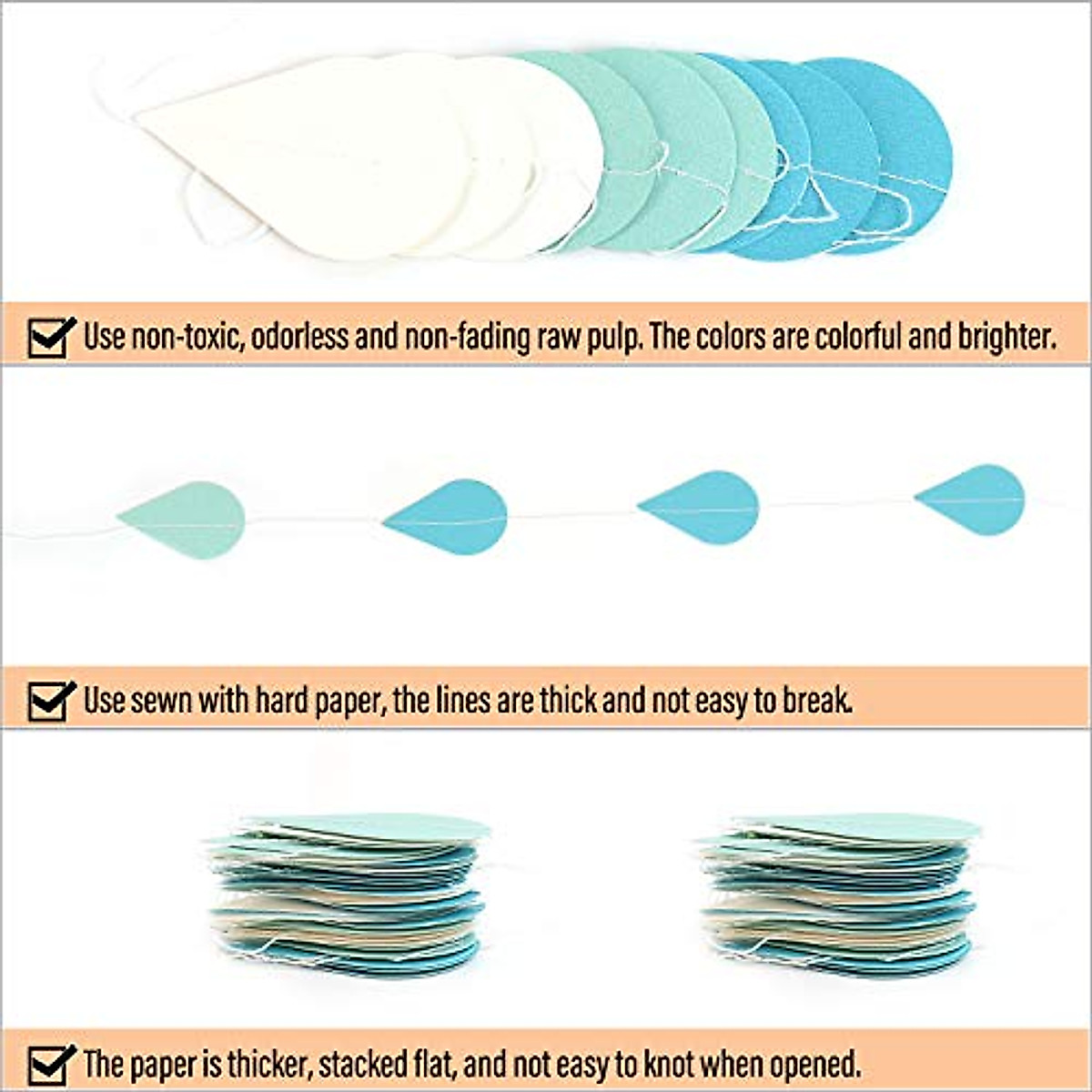 Framendino, Gradient Blue Raindrop Paper Garland Decorations Bunting Rain Drop Banners for Baby Shower April Showers