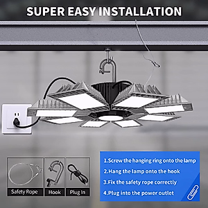 LED High Bay Lights, US Plug Garage light fixtures 300W 36000LM 6500K equivalent to 800W HPS with a free American hook 5 foot power cord for Barn,Workshop,Basement, Garage lighting(Silver, 2Pack)