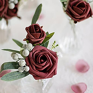 Fasjewly 25pcs Artificial Flower Foam Rose，Handmade Big Fake Flower Heads Red Roses for DIY Wedding Bouquets Bridal Shower Party Home Decorations with Box(25 Heads-Burgundy)