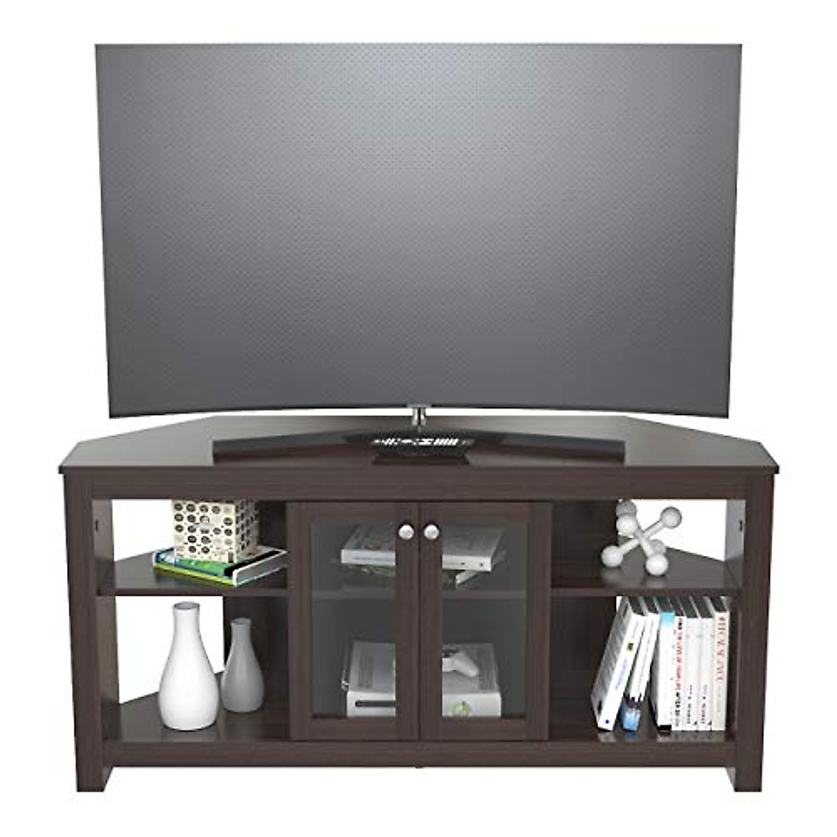Inval Corner TV Stand with Glass Doors, Espresso