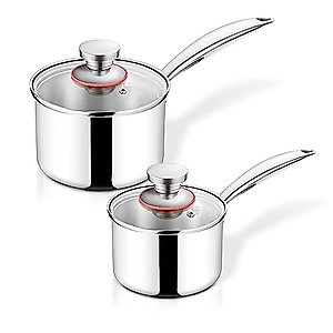 TeamFar 1qt & 2 qt Saucepan with Lid, Stainless Steel Tri-ply Small Cooking Pot Milk Pasta Sauce Pan with Ergonomic Handle, for Induction/Gas/Electric/Ceramic, Non-Toxic & Heavy Duty, Dishwasher Safe