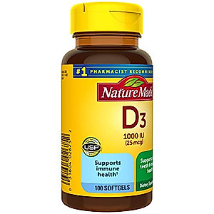 Vitamin D3, 100 Softgels, Vitamin D 1000 IU (25 mcg) Helps Support Immune Health, Strong Bones and Teeth, & Muscle Function, 125% of the Daily Value for Vitamin D in Only One Daily Softgel