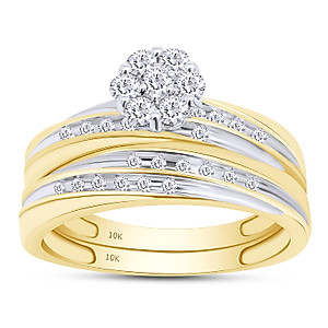Jewel Zone US Round Cut White Cubic Zirconia Engagement & Wedding Trio Band Ring Set in 10k Solid Gold (0.38 Cttw)