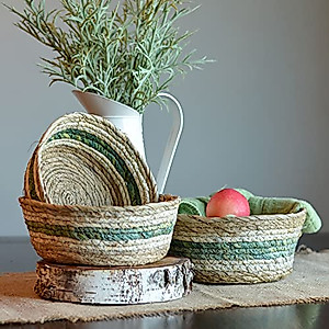 Coastal Green Stripes 3 Piece Basket Set, Shelf Organizers, Corn Husk Wicker, Chunky Rope Weave, Stitched, Diameter 9.75 Inches