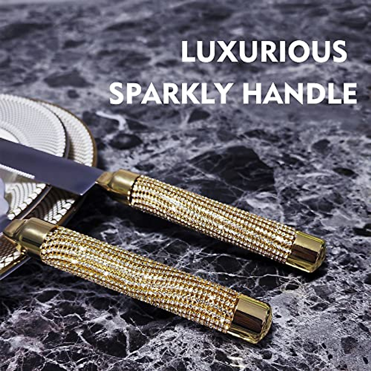 ROXBURGH Wedding Cake Knife and Server Set, 420 Stainless Steel Cake Cutter and Pie Server Slicer, Rhinestones Studded Handle Cake Cutting Set for Wedding Gifts, Engagement Gifts for Bride and Groom