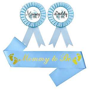 CoolerthingsDG, 3pcs, with gold Letters,Baby Shower Button New Dad Gifts Gender Reveals Party Baby Boy White and Blue Rosette Button Baby Celebration ( Blue footprint)
