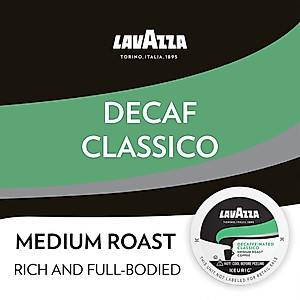 Lavazza Classico Decaf Single-Serve Coffee K-Cups for Keurig Brewer, Medium Roast, 10 Count Box ,Rich and full-bodied flavor delivers a uniquely intense aroma of dried fruits, 100% arabica coffees