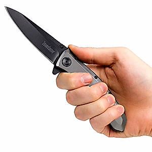 Kershaw Grid Pocketknife, 3.7" 8Cr13MoV Steel Drop Point Plain Edge Blade, Assisted One-Handed Flipper or Thumb Stud Opening, Frame Lock EDC,Grey/Black