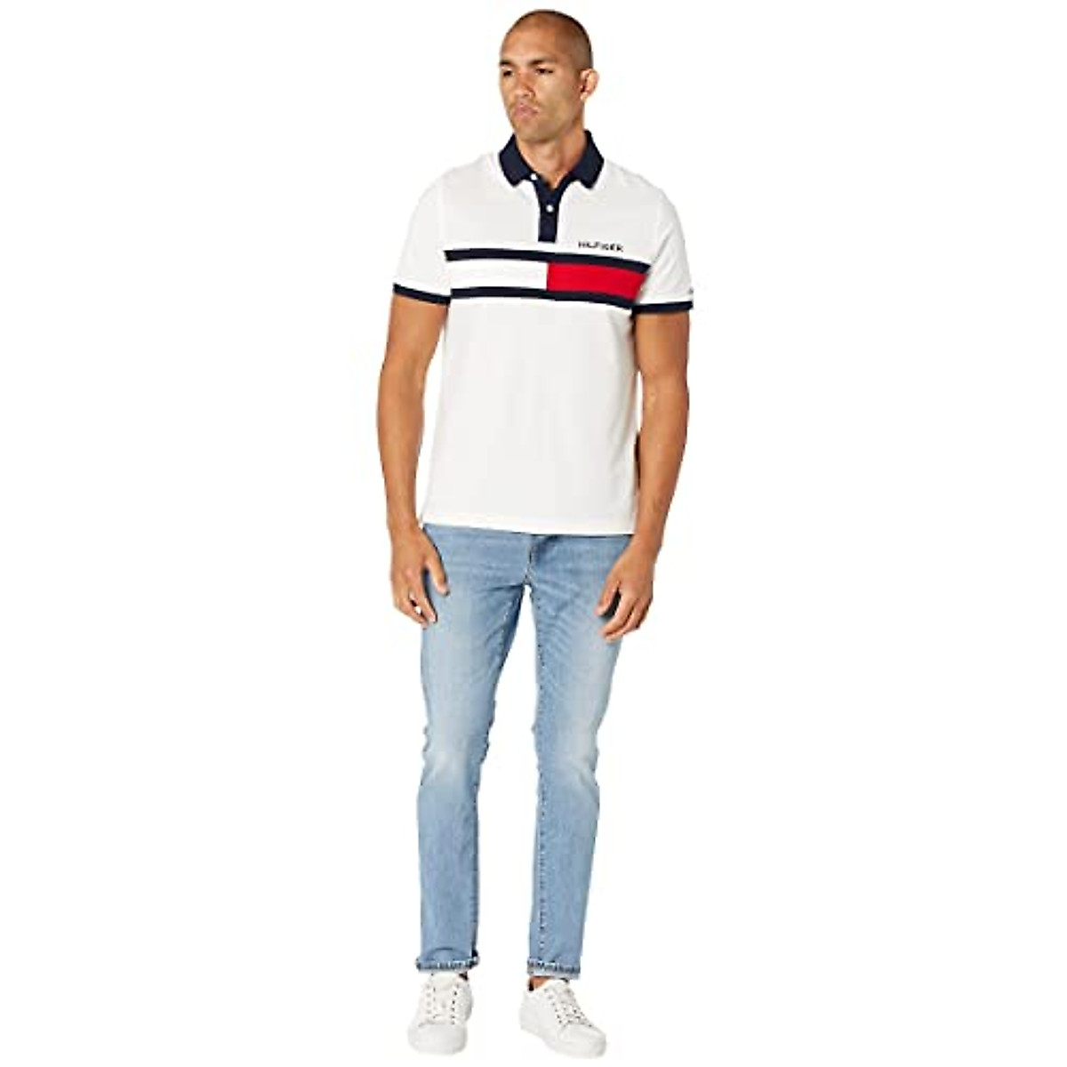 Tommy Hilfiger Men's Short Sleeve Cotton Pique Flag Polo in Regular Fit, Bright White, Medium